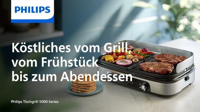 Philips Tischgrill HD6222/90 5000 Series, 2 Heizzonen, wendbare Platten ...