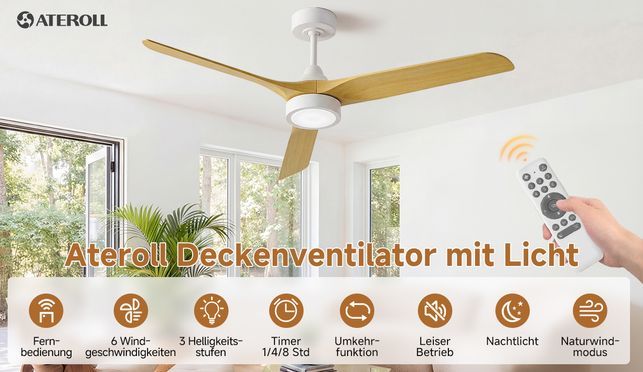 ATEROLL Deckenventilator Deckenventilator mit Licht,Fernbedienung ...