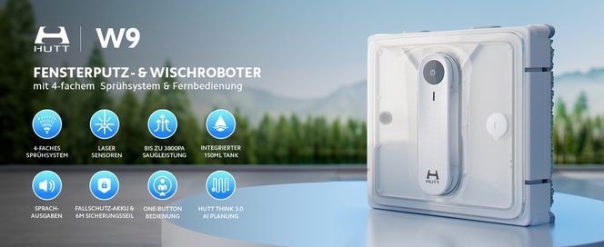 HUTT Fensterputzroboter W9 mit Fernbedienung, 3800Pa, 4 Sprühdrüsen, 150ml Panorama-Tank, 150ml ...