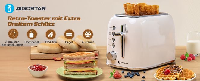 Aigostar Toaster Cream - Retro Edelstahl Toaster, 4 Funktionen, 6 ...